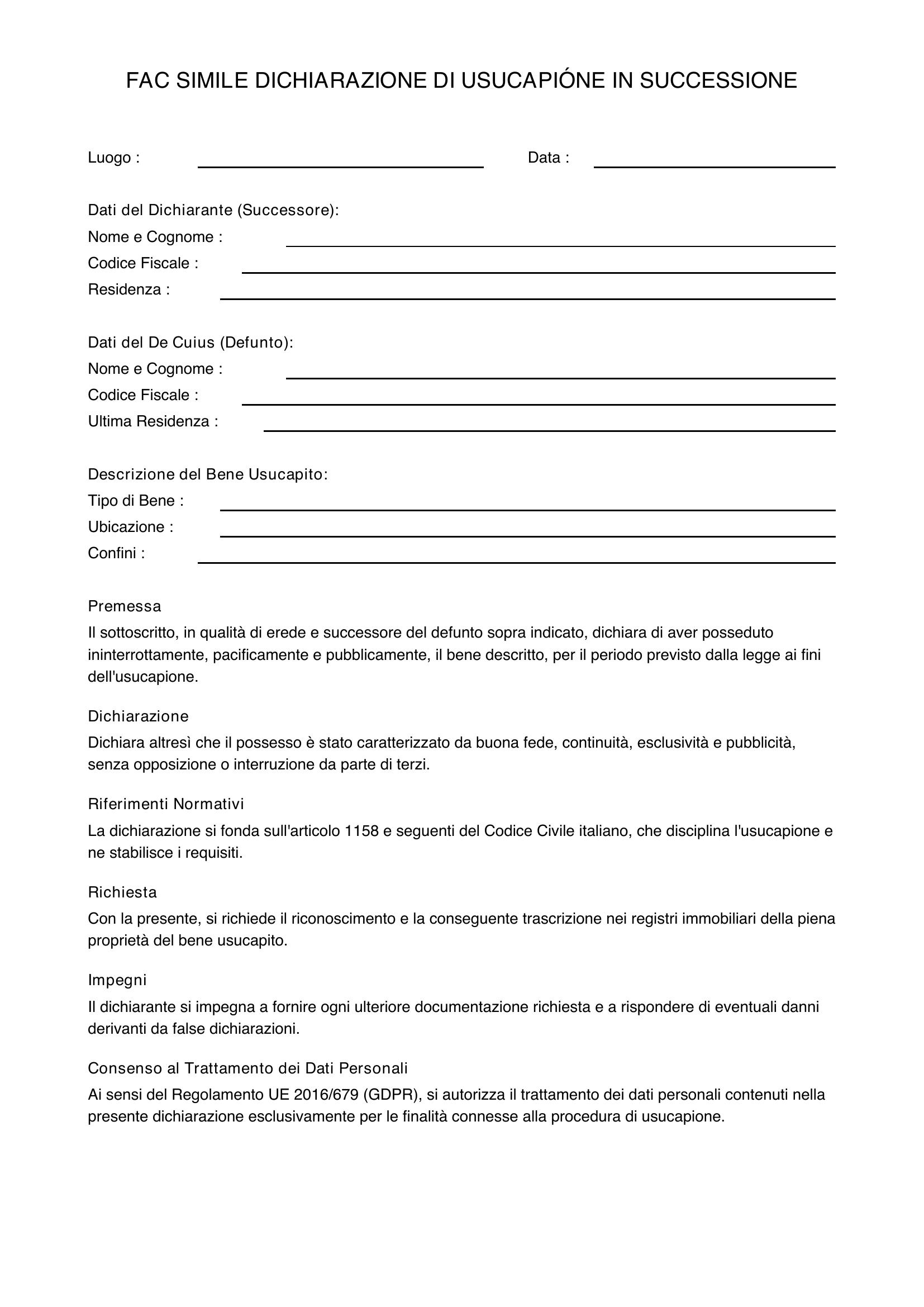 Fac Simile Dichiarazione Di Usucapione In Successione