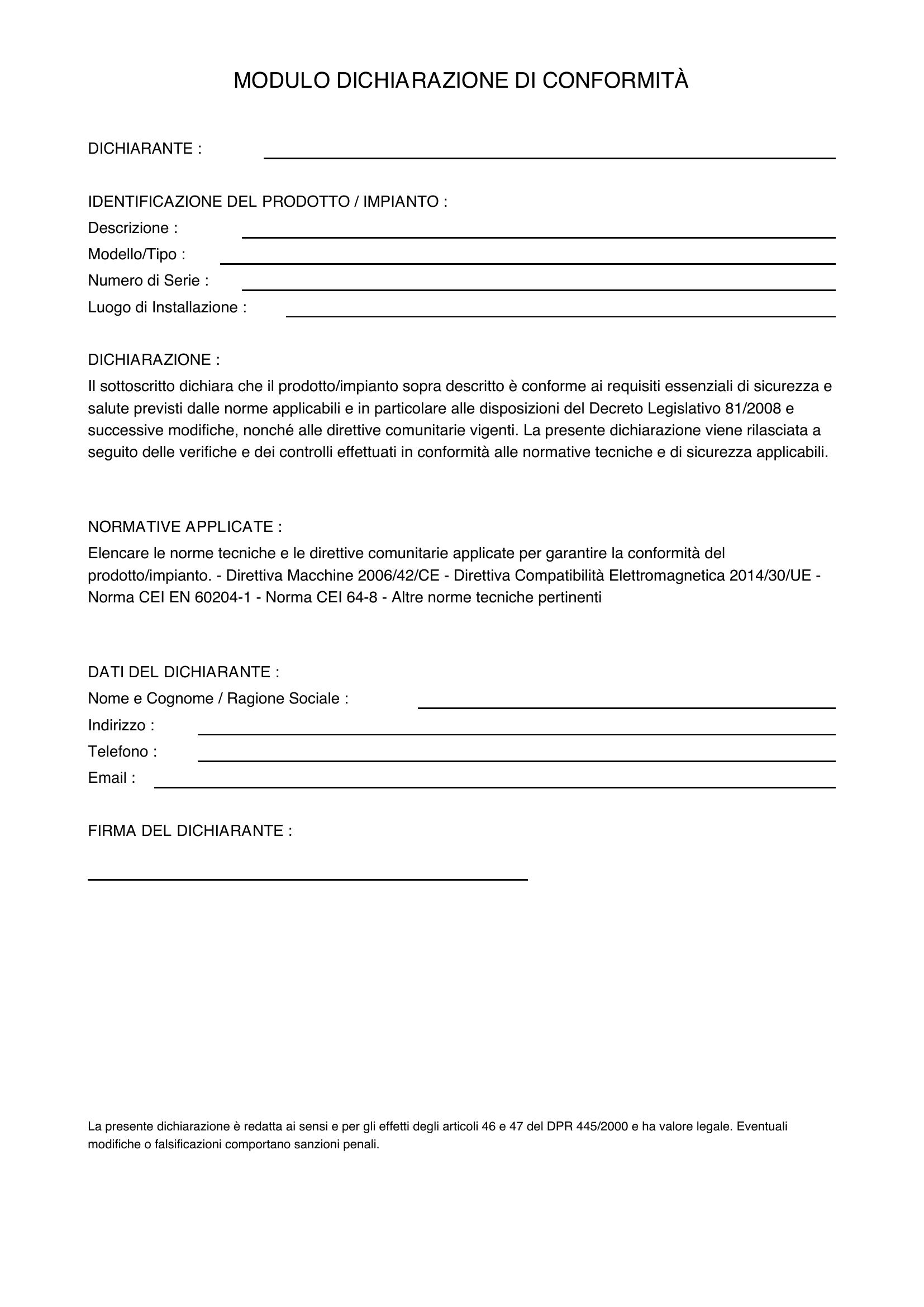 Modulo Dichiarazione Di Conformità
